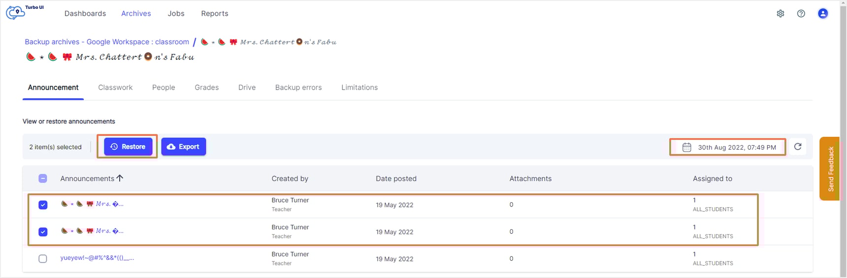 How to restore Google Classroom Announcement data from the SysCloud application?